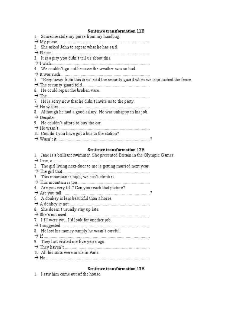 Sentence Transformation 11B | PDF