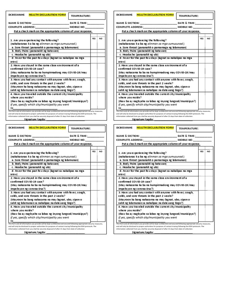 Daily Health Screening Form for COVID-19 Symptoms and Risk Factors | PDF | Common Cold ...