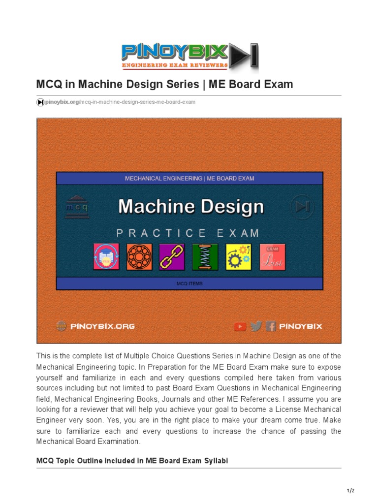 MCQ in Machine Design Series ME Board Exam | PDF | Multiple Choice | Gear