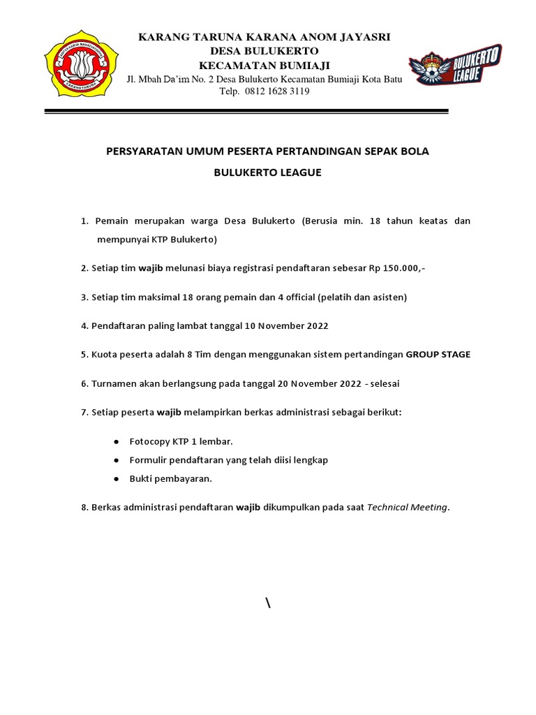 Peraturan Sepak Bola Bulukerto League | PDF