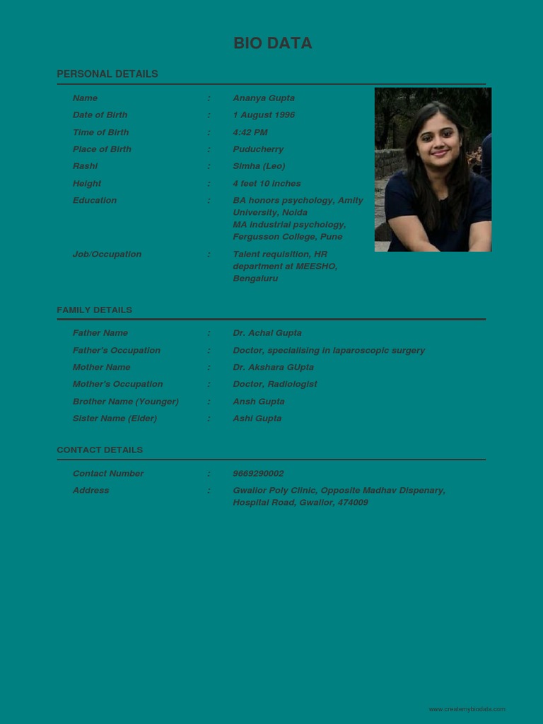 Ananya Gupta - Biodata (By Createmybiodata - Com) | PDF | Self-Improvement | Wellness