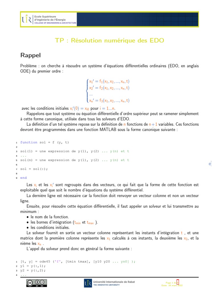 Résolution numérique des EDO avec MATLAB | PDF | Analyse numérique | Équations