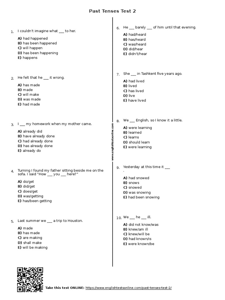 Past Tenses Quiz for Learners | PDF