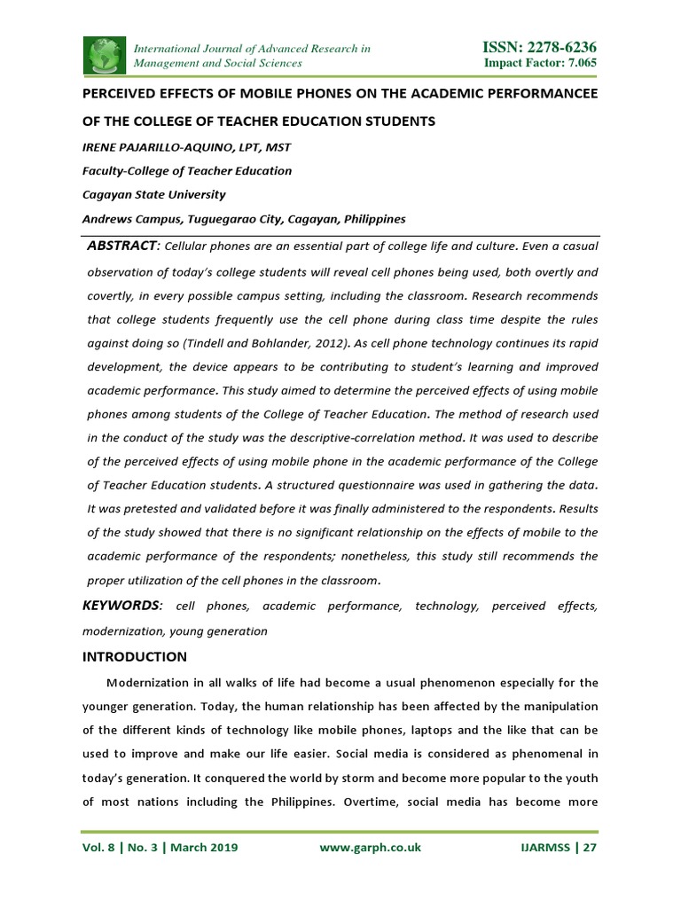 Perceived Effects of Mobile Phones On The Academic Performancee of The ...