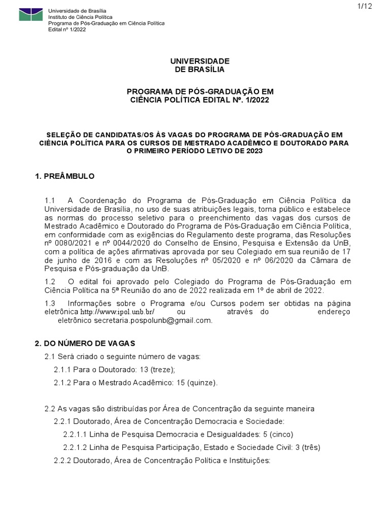 Edital Selecao Ipol 2022 1docx | PDF | Pós-graduação | Mestrado