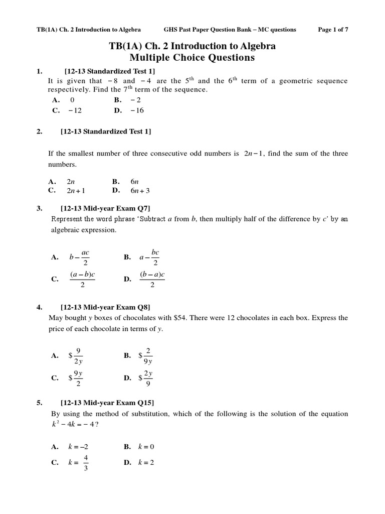 (12-17) 1A-Ch.2-Introduction To Algebra - MC | PDF | Numbers | Equations