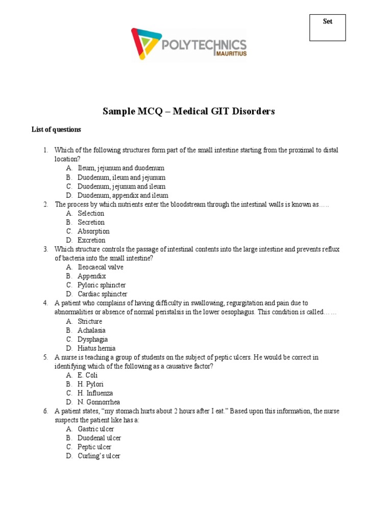 Sample MCQ Medical GIT Disorders | PDF | Gastrointestinal Tract ...