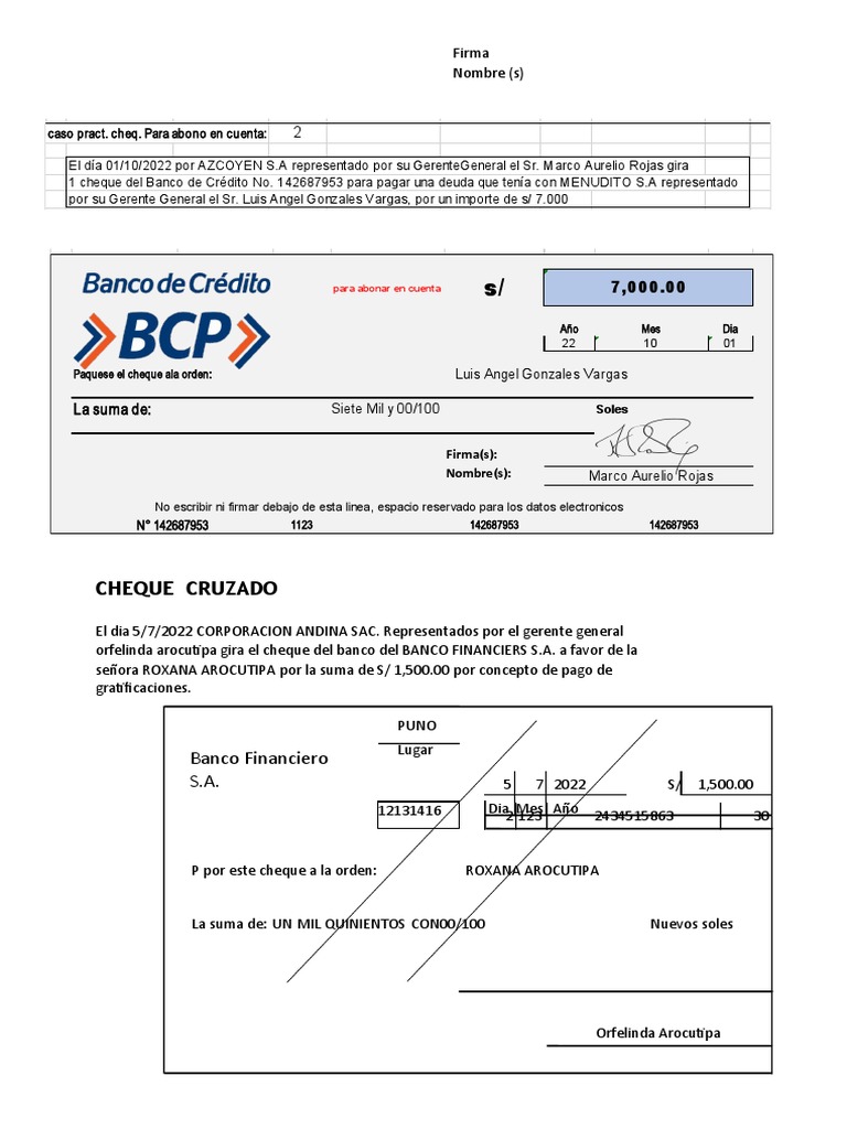 Ejemplos de Cheques Cruzados en Perú | PDF | Cheque | Dinero
