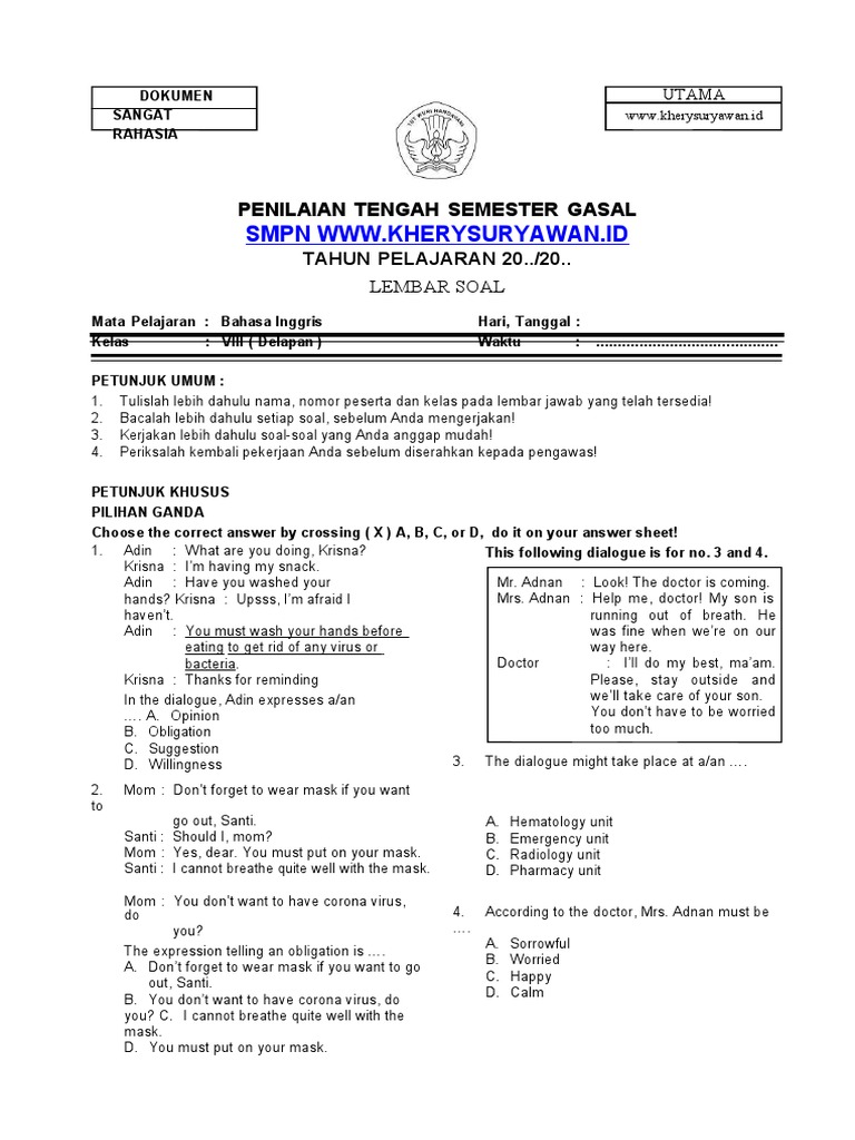 3 - Soal PTS B. Inggris Kelas 7 Sem.1 - WWW - Kherysuryawan.id | PDF | Health Sciences
