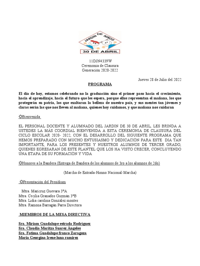 Programa Fin de Ciclo Escolar 2022 | PDF | Educación de la primera infancia