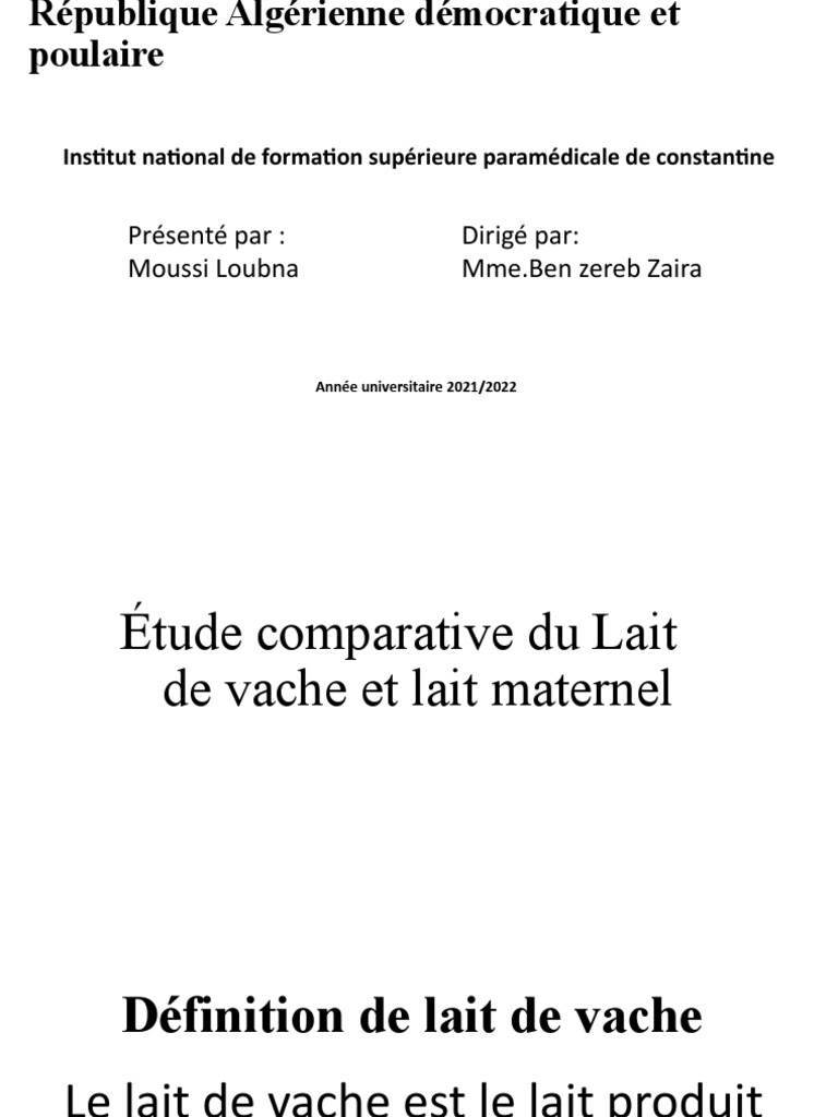 étude comparative du lait de vache ey lait maternel | PDF | Lait ...