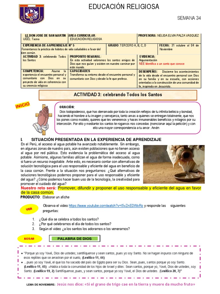RELIGIÓN - 3°EXP.6-ACT 3-Día de Todos Los Santos | PDF | Purgatorio | Oración