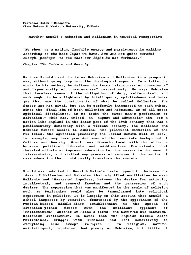 Arnold's Hellenism and Hebraism Analysis | PDF | Hellenistic Period | Dogma