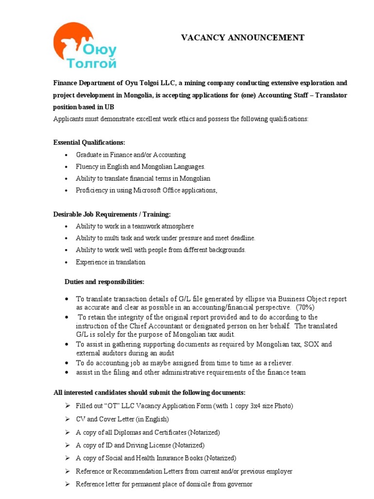 Accounting Staff Translator | PDF | Accounting | Mongolia