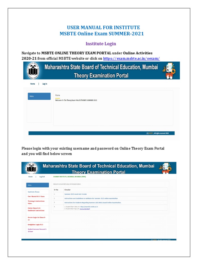 Institute User Manual - Msbte Online Exam s21 | PDF | Login | Password