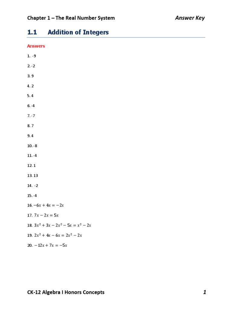 Answer Key - CK-12 Chapter 01 Algebra 1 Honors Concepts (Revised) | PDF | Numbers | Subtraction