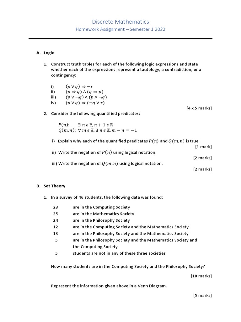 Discrete Mathematics Homework | PDF | Logic | Mathematical Logic