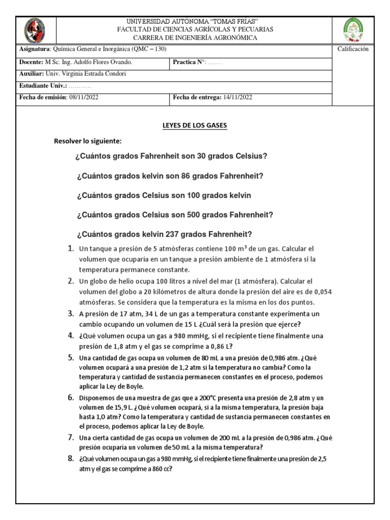 Practica #10 QMC.-130 2022 | PDF | Gases | Temperatura