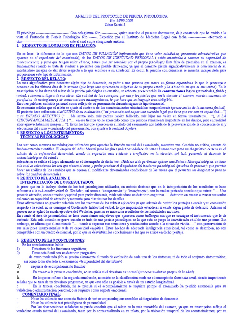 Análisis Del Protocolo de Pericia Psicológica | PDF | Demencia | Memoria
