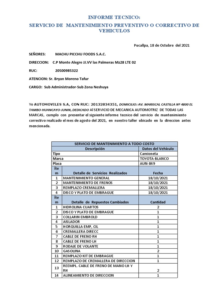 17 - Modelo Informe Servicio Mantenimiento de Vehiculos 120000 KM CORRECTIVO 118-10-21 ...