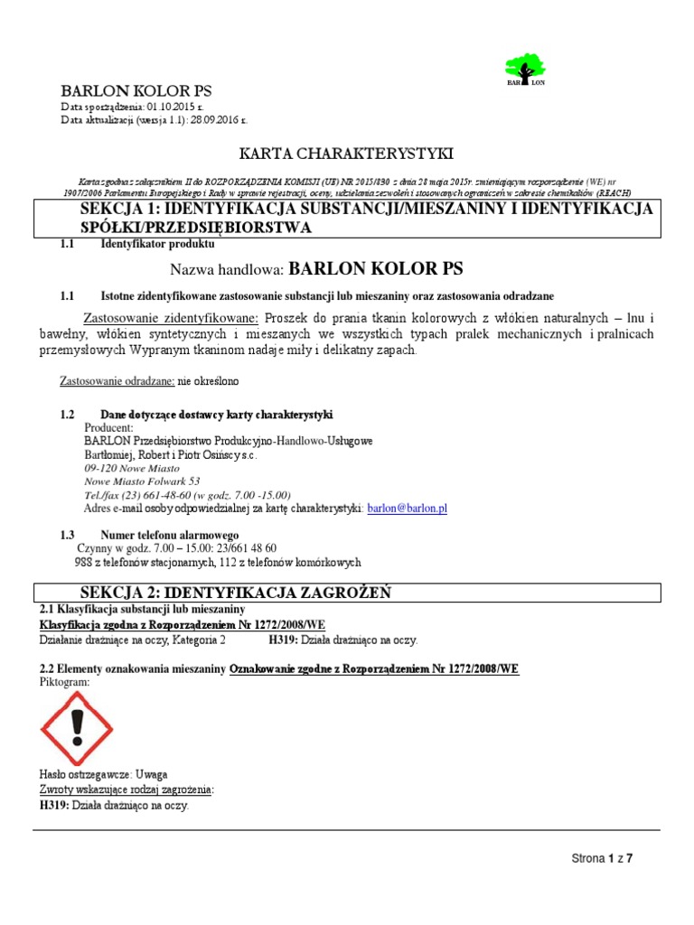 Barlon PS 20kg - Karta Charakterystyki | PDF