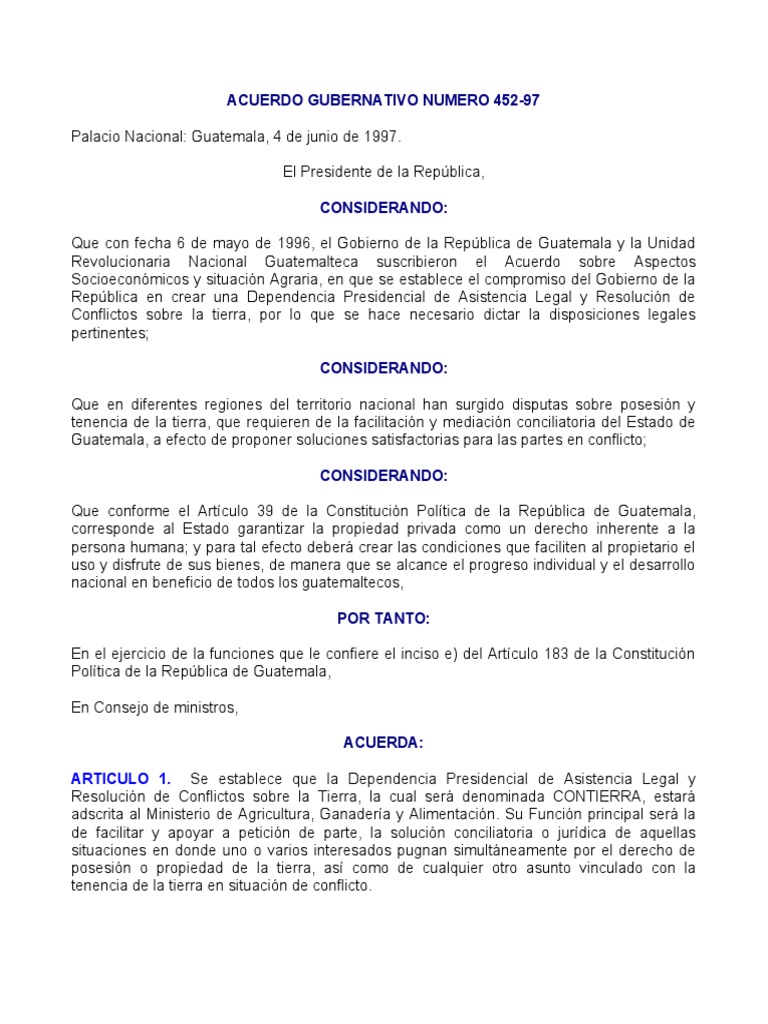 Acuerdo Gubernativo Que Crea Contierra | PDF | Guatemala | Propiedad