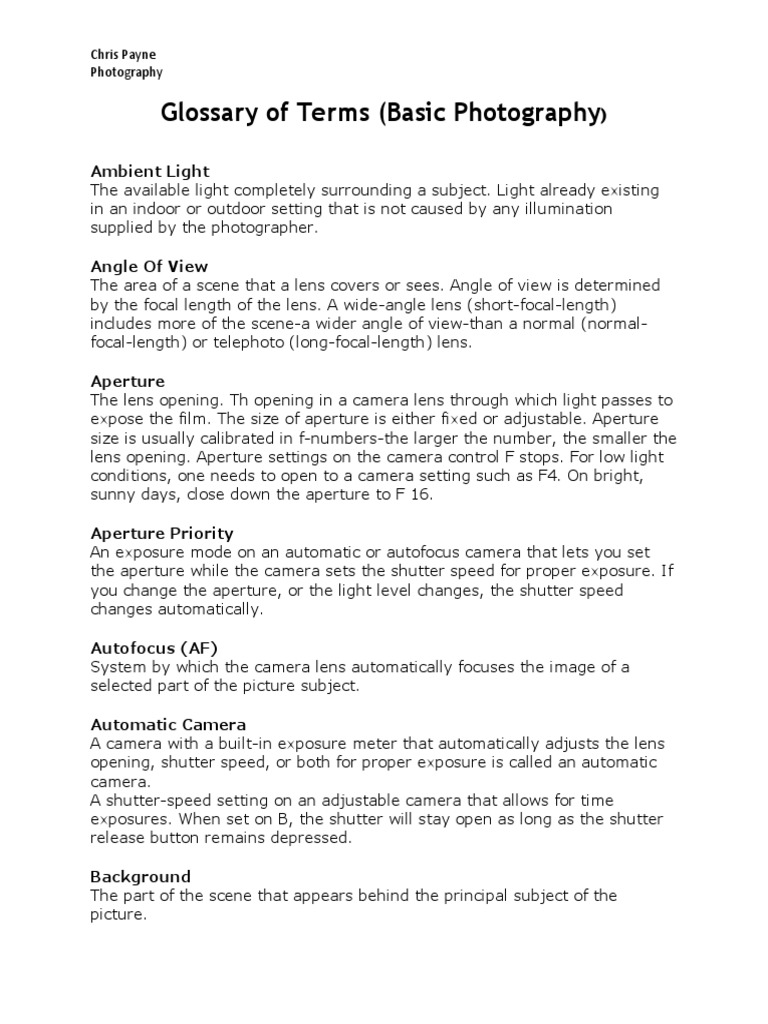 Photography Glossary of Terms | PDF | Camera Lens | Camera Photography Glossary of Terms | PDF | Camera Lens | Camera