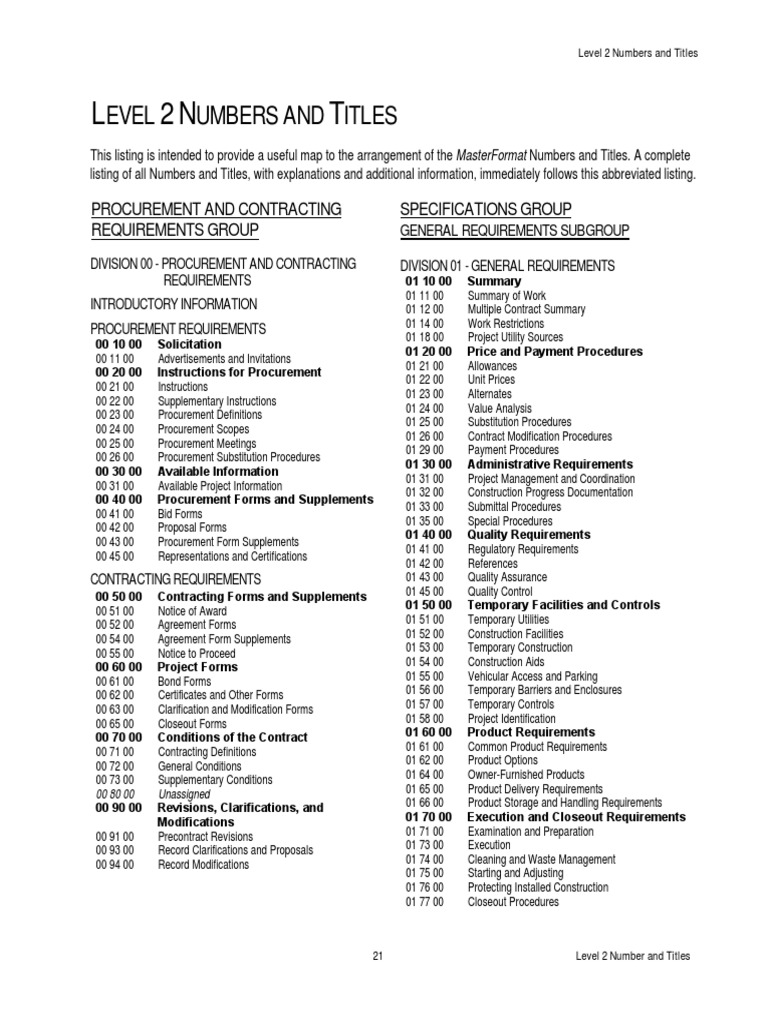 Level 2 Master Format Numbers | PDF | Procurement | Specification ...