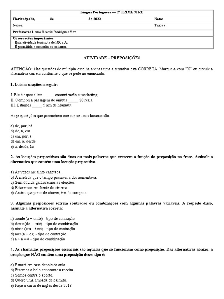 Atividade de Preposições 5º Ano | PDF | Preposição e posposição ...