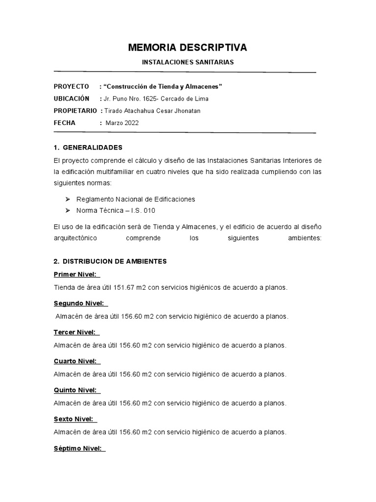 Memoria Descriptiva Sanitarias | PDF | Tubería (transporte de fluidos) | Agua