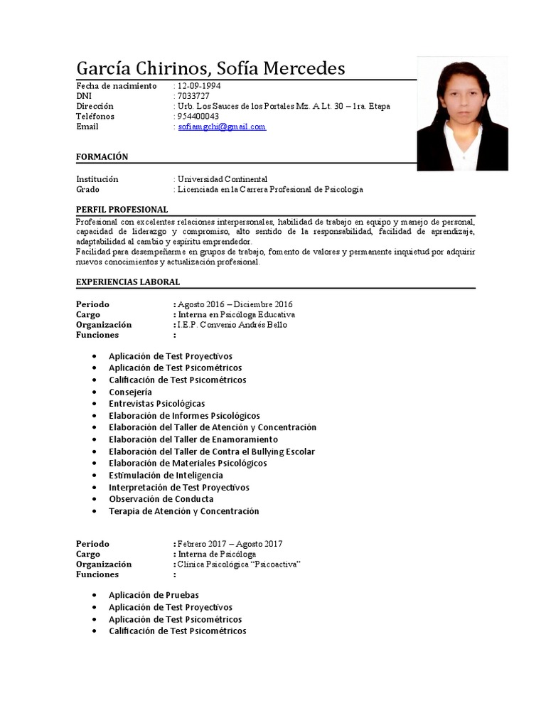 Curriculum Vitae Psicología - García Chirinos Sofía Mercedes | PDF | Sicología | Psicoterapia