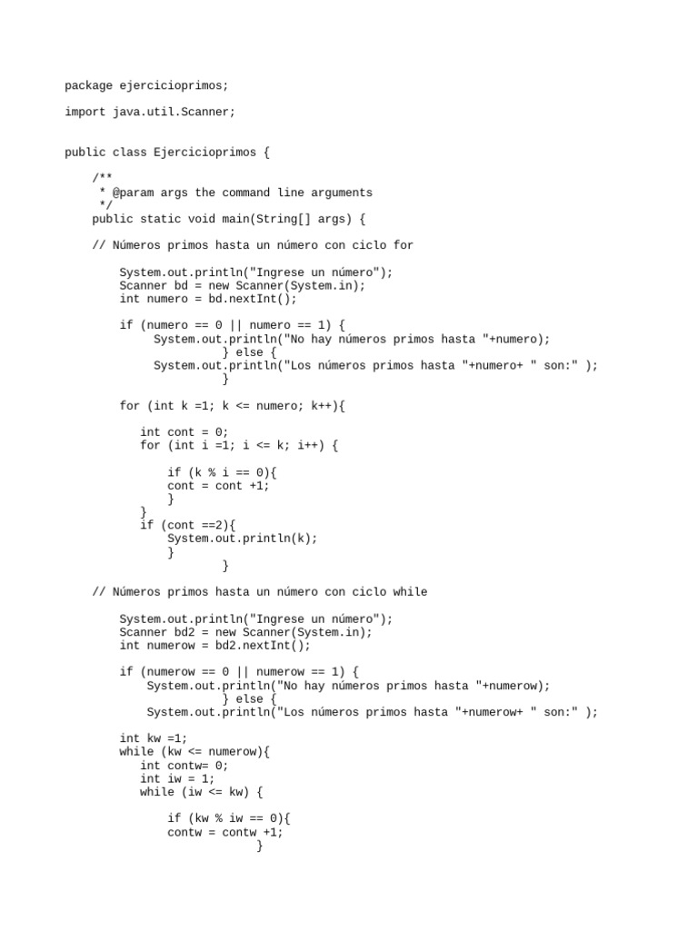 Números Primos en Java: Ejercicios Básicos | PDF | Programación de ...