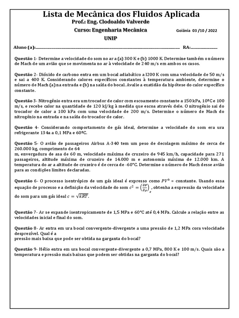 Lista MF Cap 12-Prova-Np2 | PDF | Calor | Número Mach