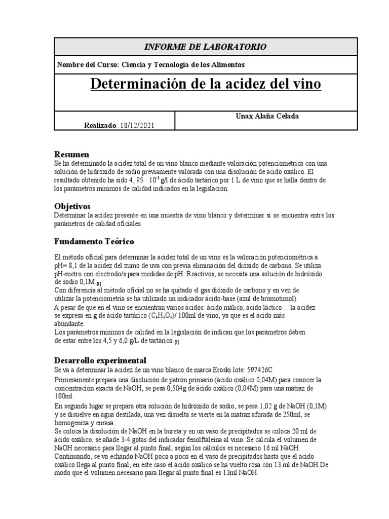 Informe Acidez Del Vino Unax Alaña | PDF | Hidróxido de sodio | Ph