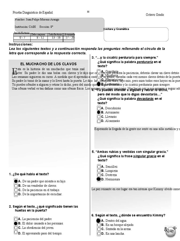 Prueba Diagnóstica 8º Español | PDF