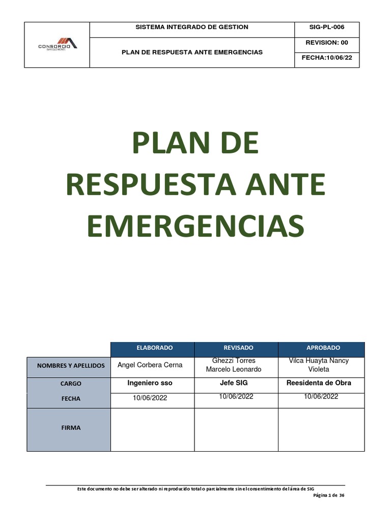 Plan de Respuesta Ante Emergencias | PDF | Residuos | Primeros auxilios