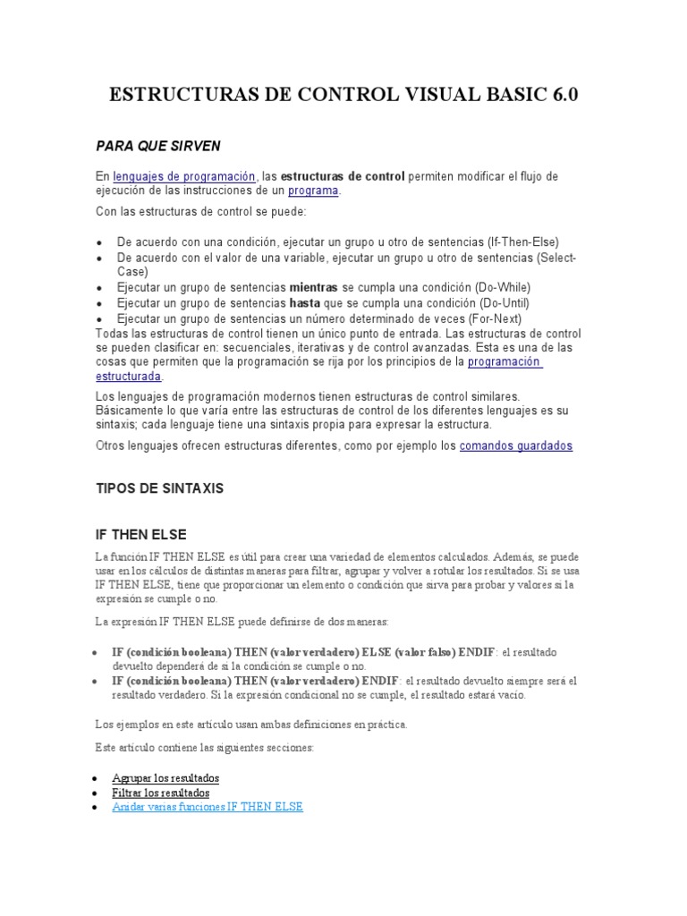 Estructuras de Control en VB 6.0 | PDF | Flujo de control | Lenguaje de ...