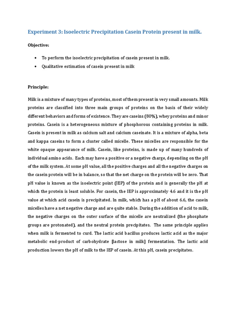 Bbt314l Exp 3 Casein Precipitation | PDF | Milk | Biochemistry