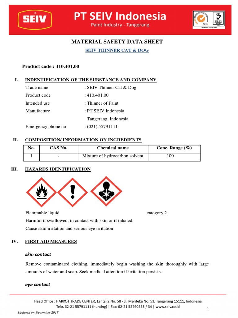 MSDS Thinner Cat Dog00 | PDF | Firefighting | Safety