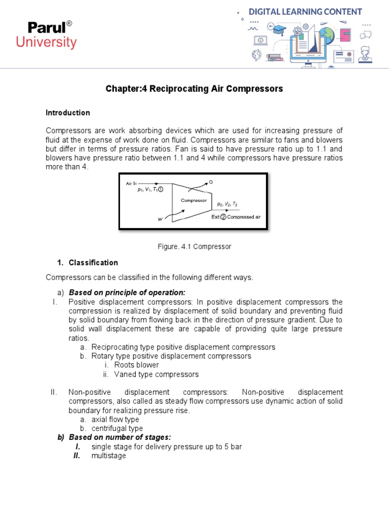 Chapter:4 Reciprocating Air Compressors: B) Based On Number of Stages: I. II | PDF | Volume | Piston