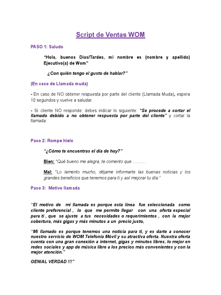 Script Agente de Ventas WOM | PDF | Informática | Telecomunicaciones