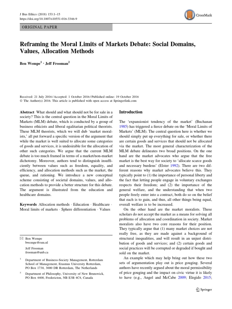 Reframing The Moral Limits of Markets Debate: Social Domains, Values ...