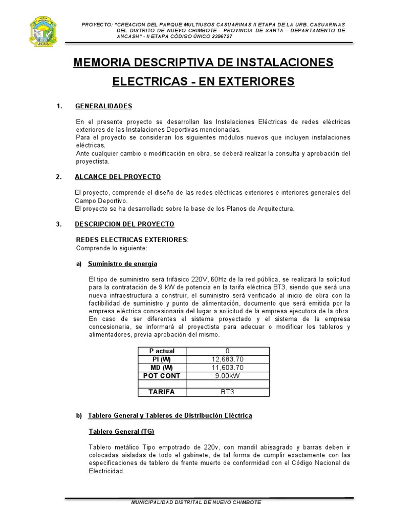 Memoria Descriptiva Eléctricas | PDF | Aislador (Electricidad) | Ingenieria Eléctrica