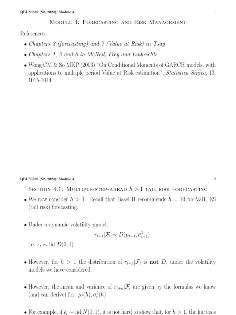Lecture 12 Forecasting Tail Risk Var And Expected Shortfall Es H1 Pdf Value At Risk