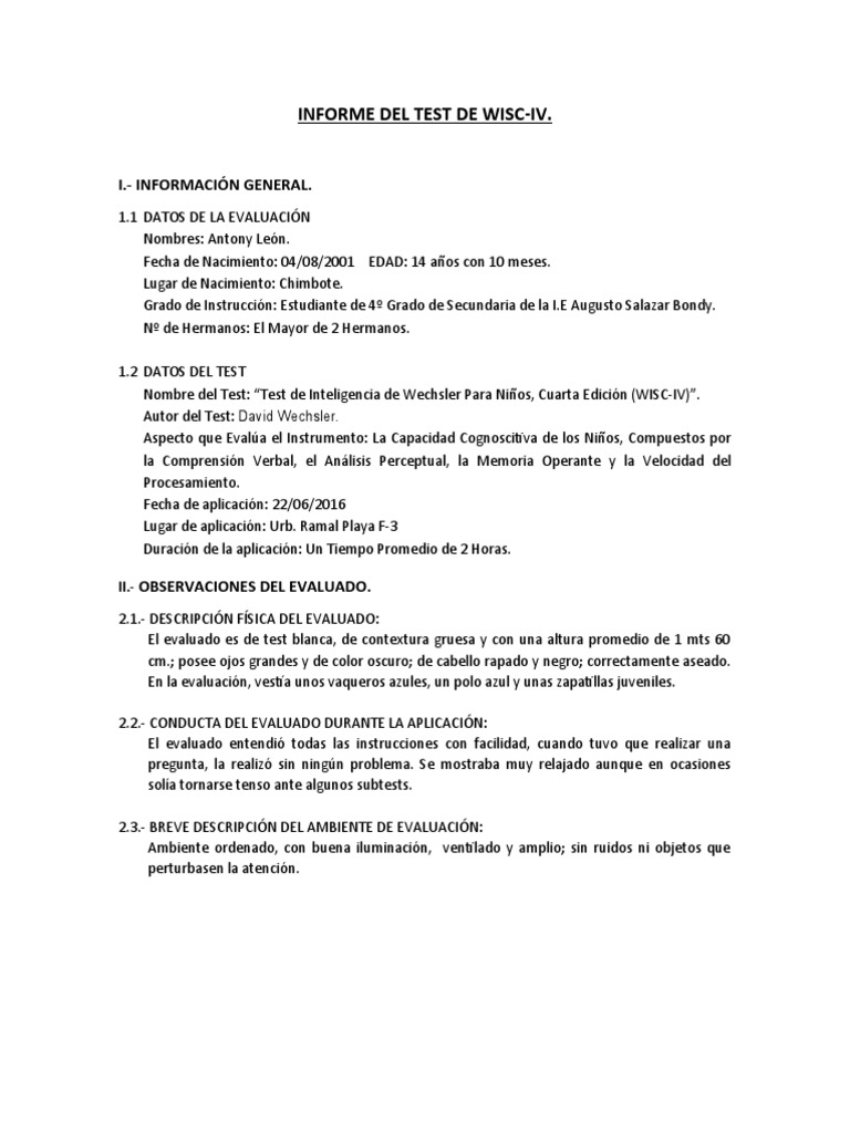 Test de Wisc IV David Wechsler. Caso #01 | PDF | Cociente de ...
