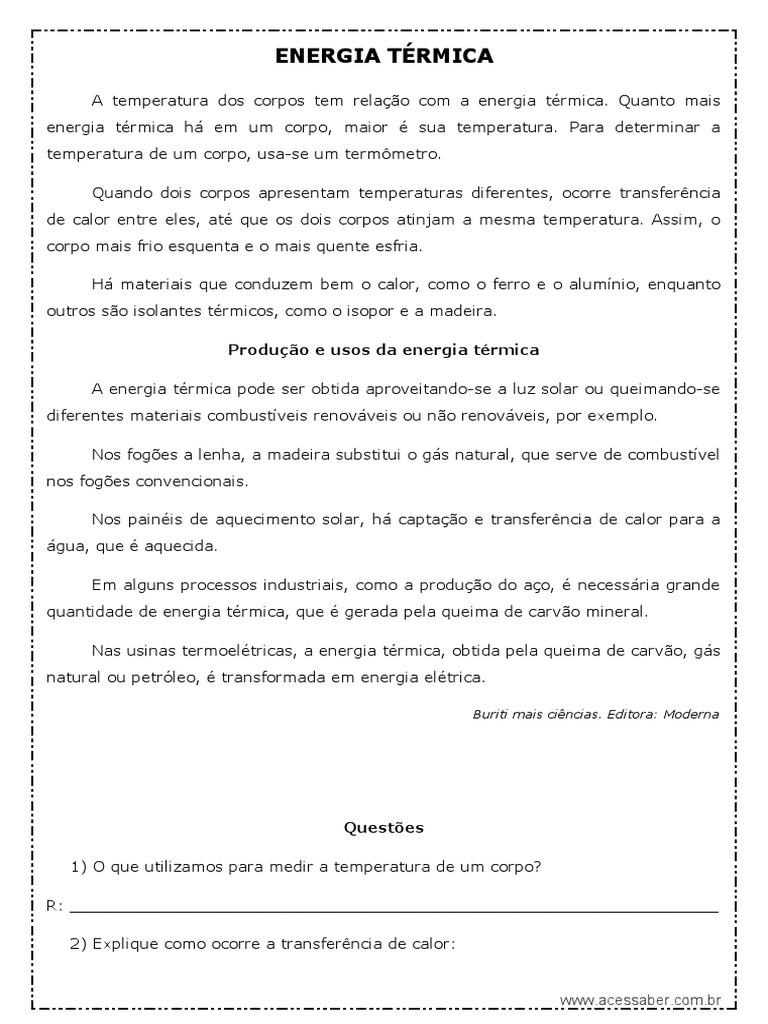 Atividade de Ciencias Energia Termica 5 Ano | PDF | Calor | Temperatura Atividade de Ciencias Energia Termica 5 Ano | PDF | Calor | Temperatura