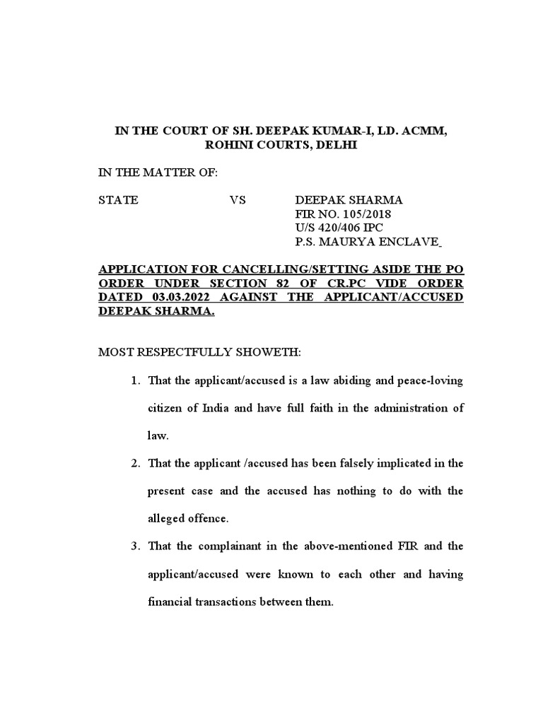 Application For Cancellation Po Deepak Sharma | PDF | Justice | Crime & Violence