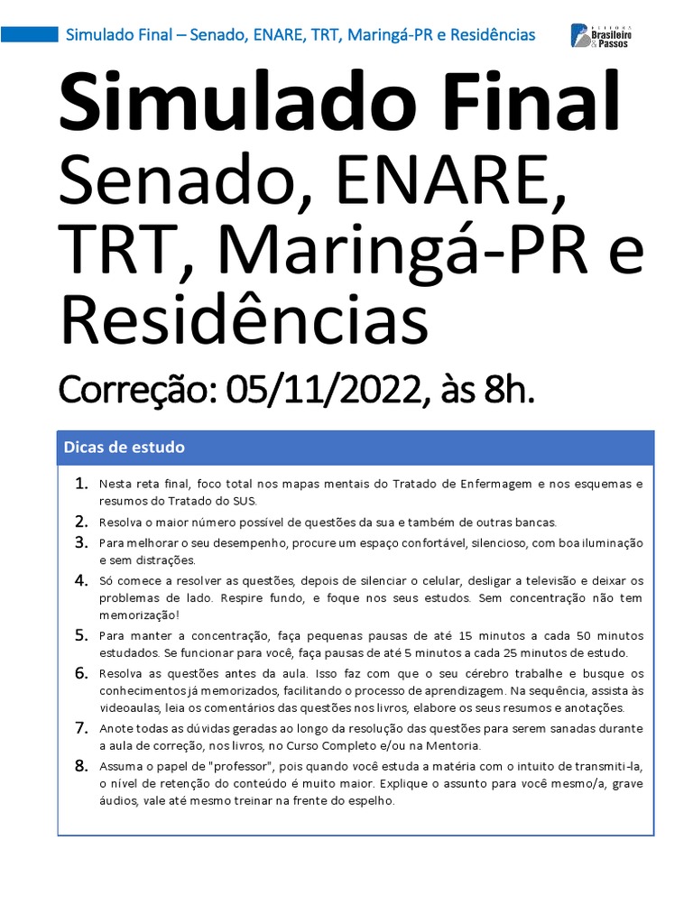 Simulado Final Senado, ENARE, TRT, Maringá, UNESP e Residências | PDF | Gravidez | Anticoncepcionais