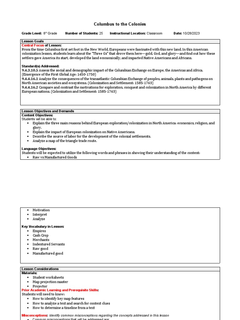 Columbus To The Colonies Lesson Plan | PDF | European Colonization Of ...