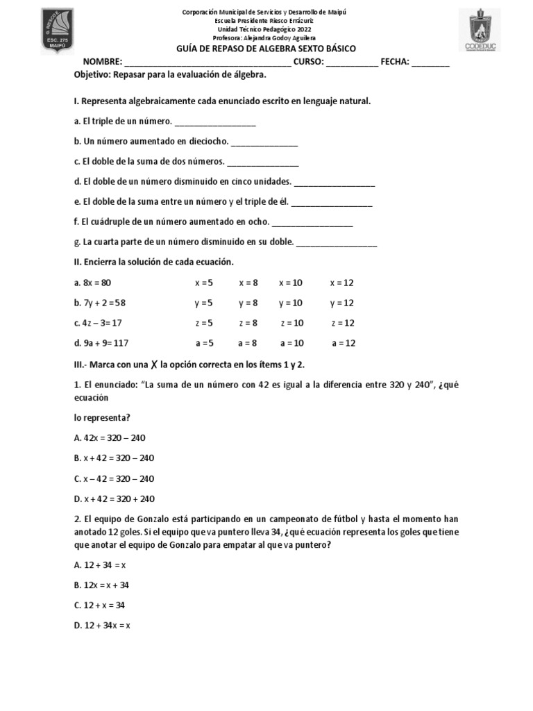 Guía de Repaso de Algebra Sexto Básico | PDF